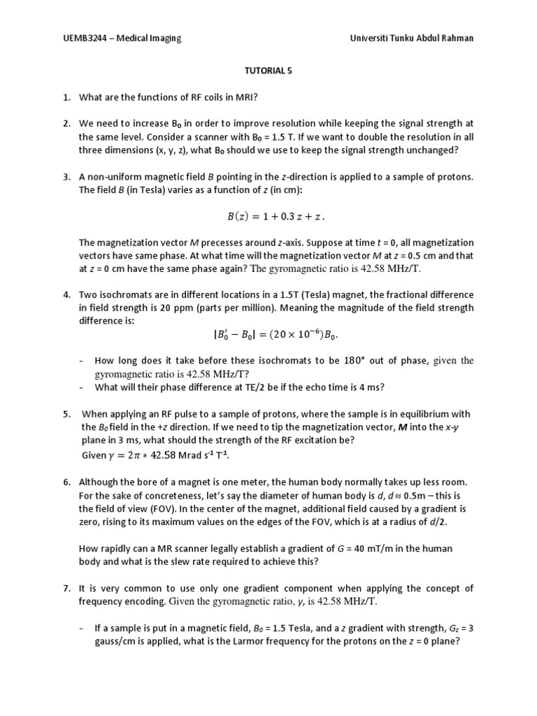 UEMB3244 Tutorial 5Q | PDF | Magnetic Resonance Imaging | Optics