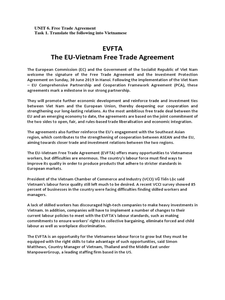 Unit 6 Task 1, 2 EVFTA | PDF | Vietnam | European Union