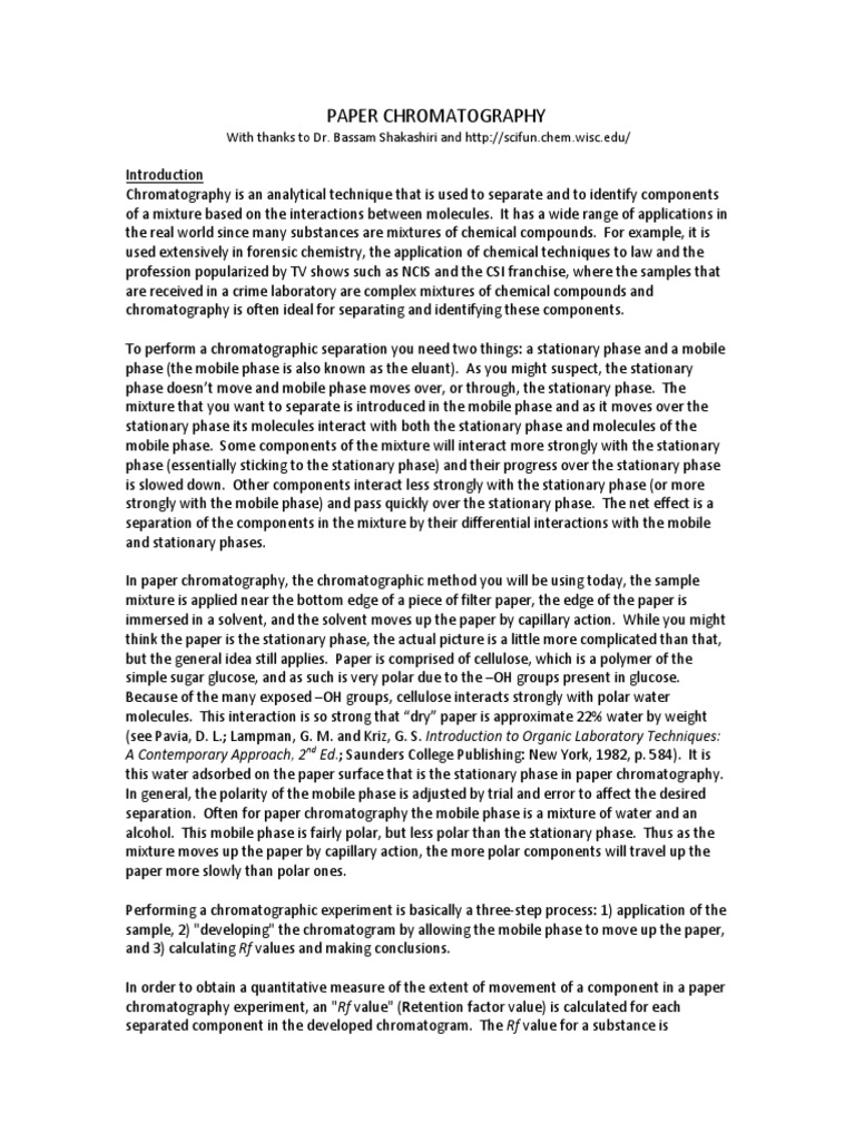 Paper Chromatography: With Thanks To Dr. Bassam Shakashiri and Http ...
