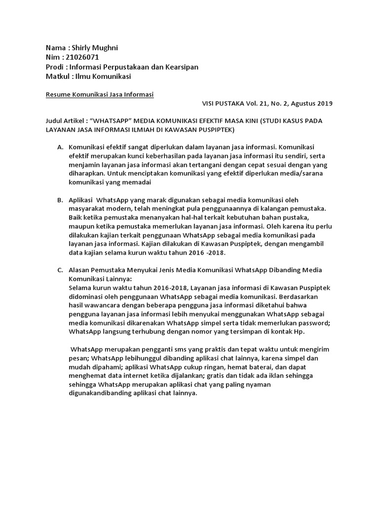 Tugas Resuma Komunikasi Jasa Informasi (Shirly Mughni-21026071) | PDF