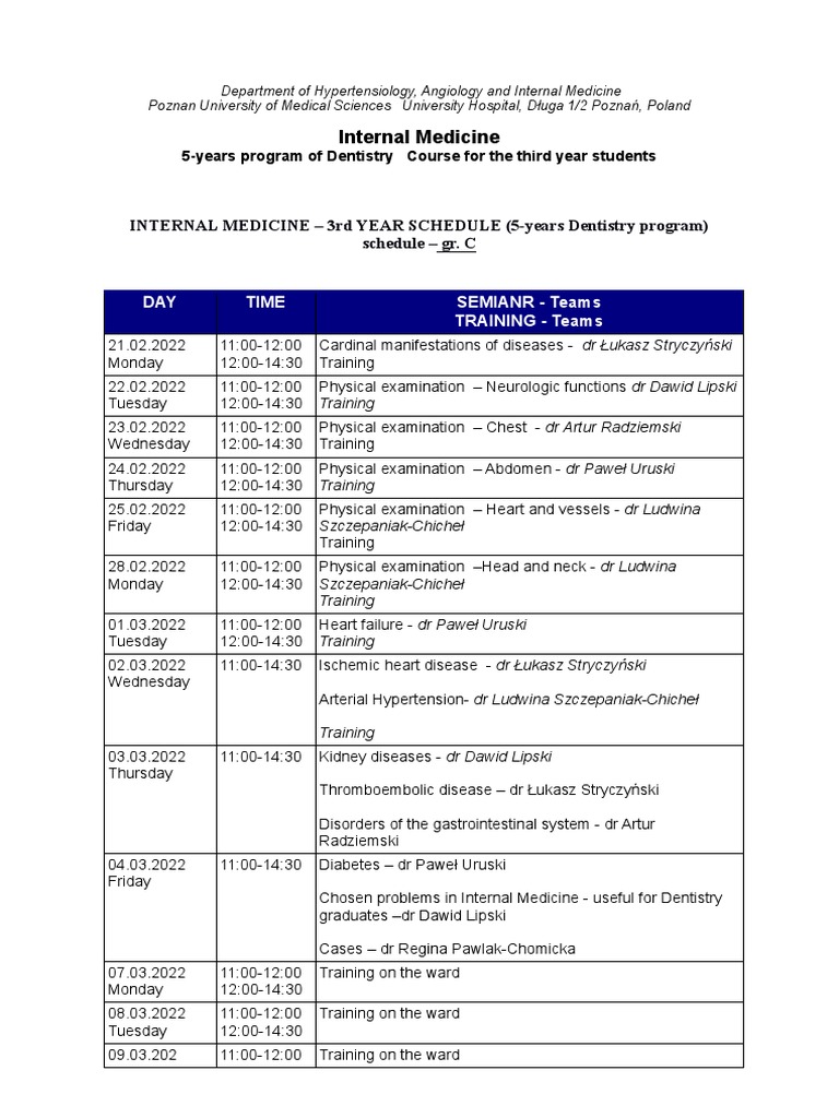Internal Medicine: INTERNAL MEDICINE - 3rd YEAR SCHEDULE (5-Years ...