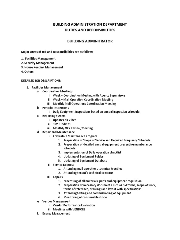 Building Administrator Job Responsibilities | PDF | Regulatory ...