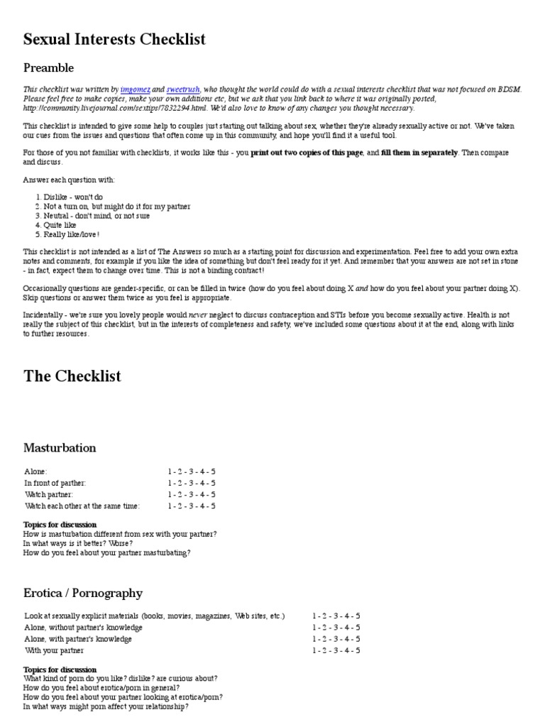 Interests Checklist | PDF | Sexually Transmitted Infection | Oral Sex