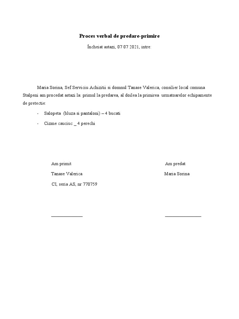 Proces Verbal Predare Primire | PDF