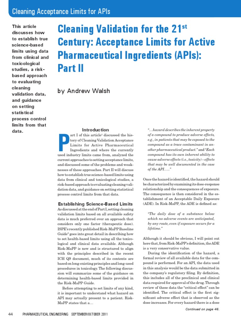 Cleaning Validation For The 21st Century - Acceptance Limits For APIs - Part II | PDF | Risk ...