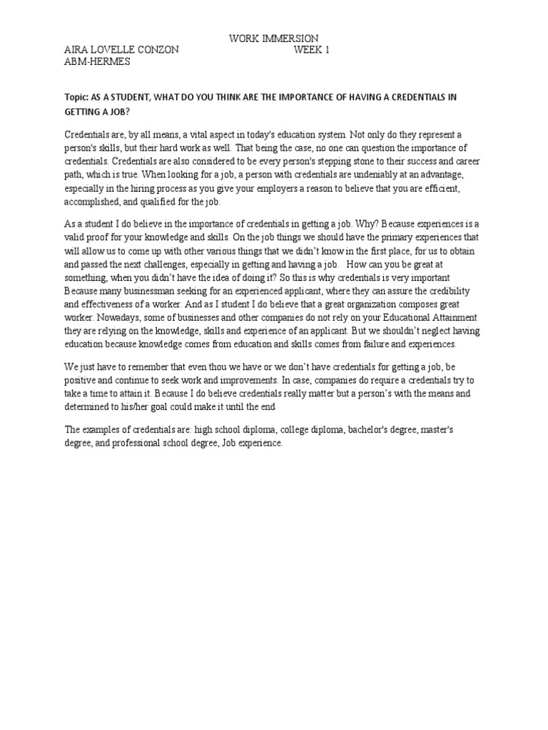 Work Immersion - Reflection Paper | PDF | Career & Growth