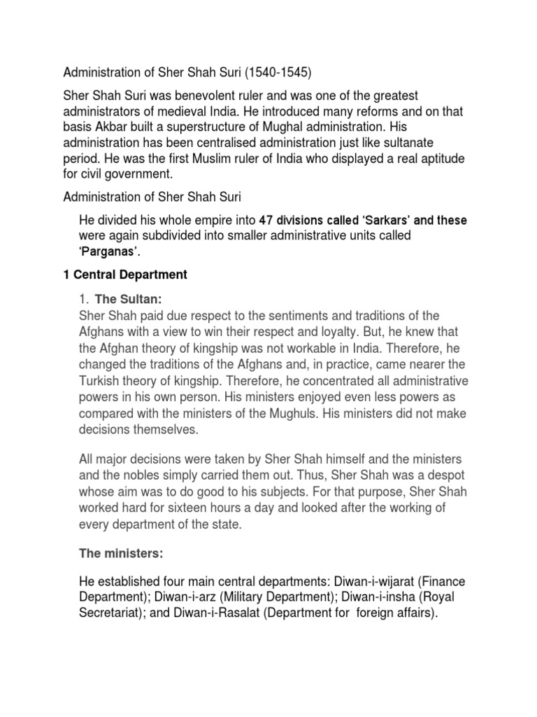 Administration of Sher Shah Suri | PDF | Mughal Empire