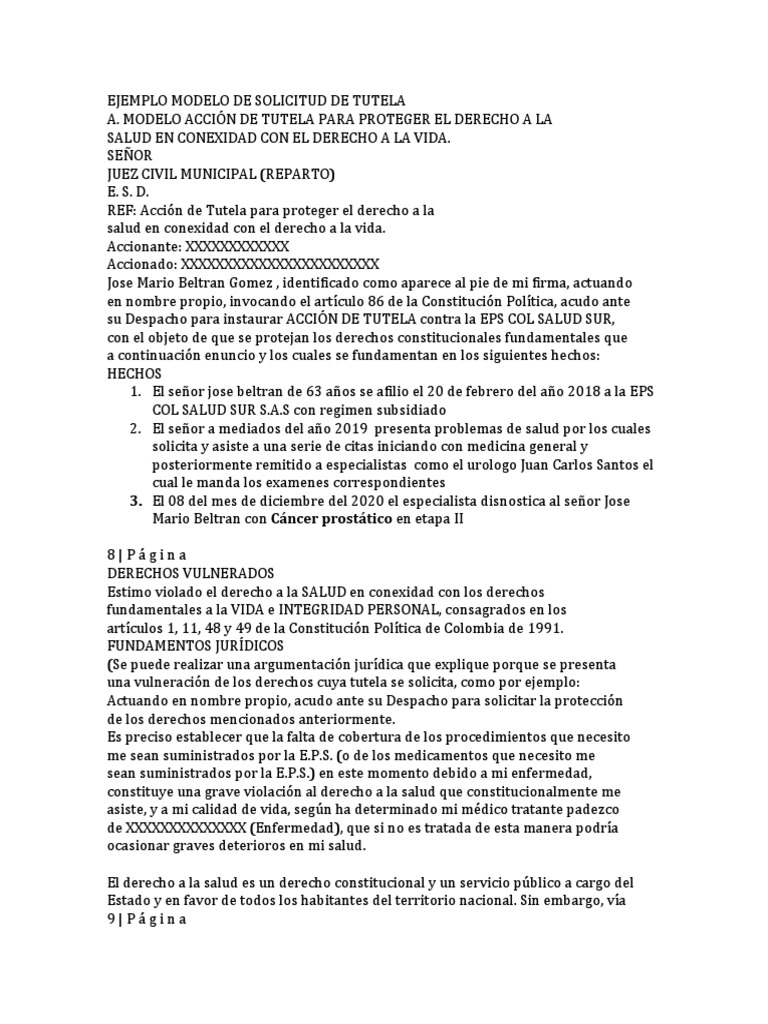 Ejemplo Modelo de Solicitud de Tutela | PDF | Derecho Constitucional | Ideologías políticas