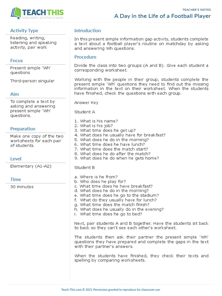 A Day in The Life of A Football Player: Activity Type | PDF
