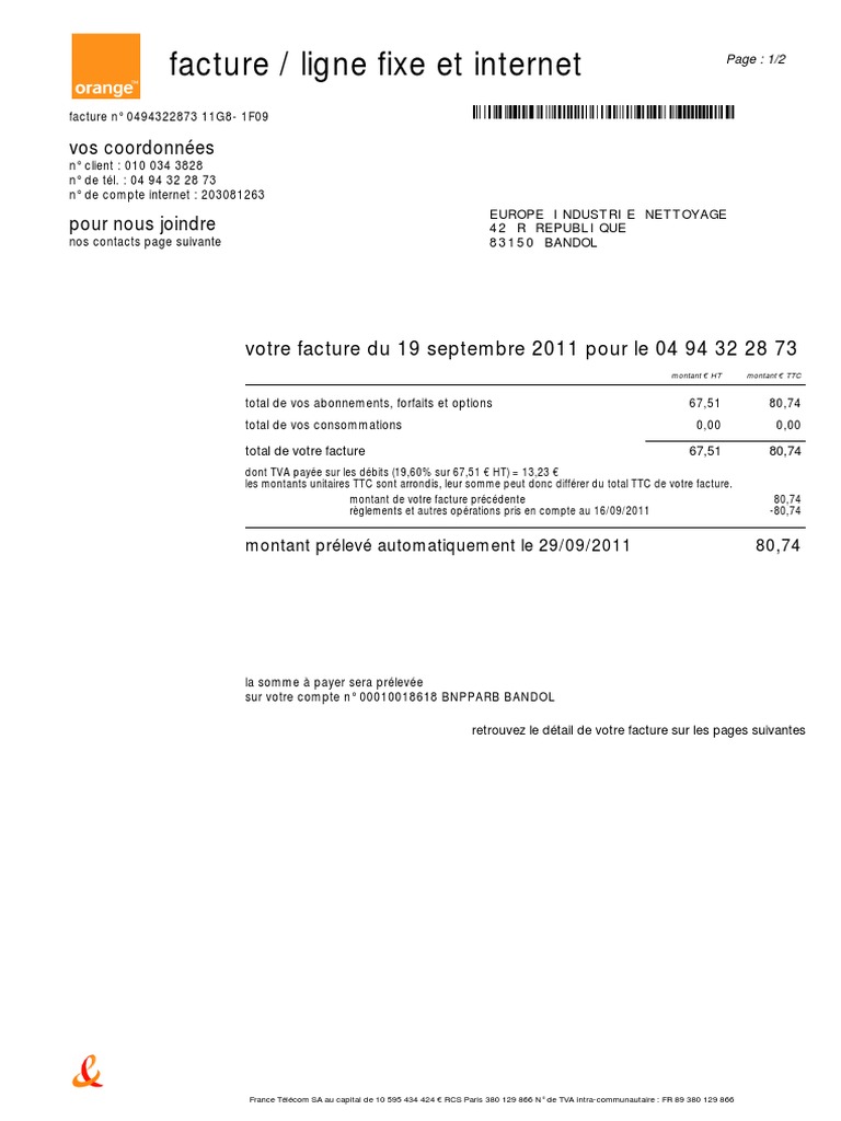 Facture France Télécom du 19/09/2011 | PDF | Facture | Chèque