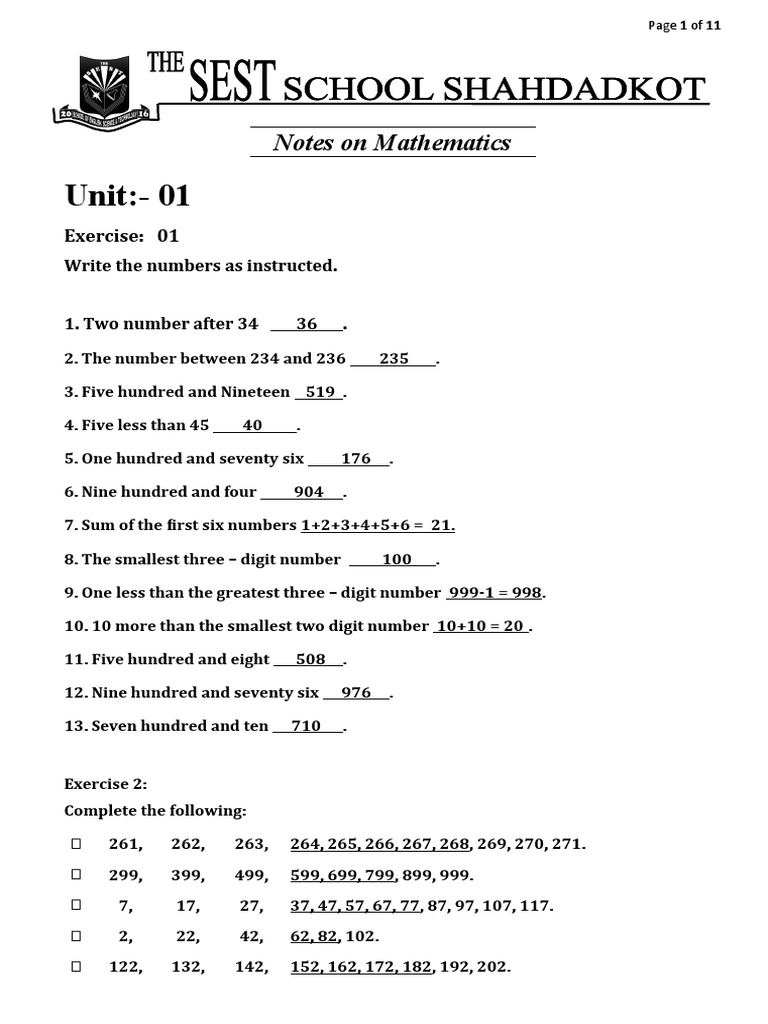05 Class Three Mathematics Notes 10 Pages | PDF | Numbers | American ...