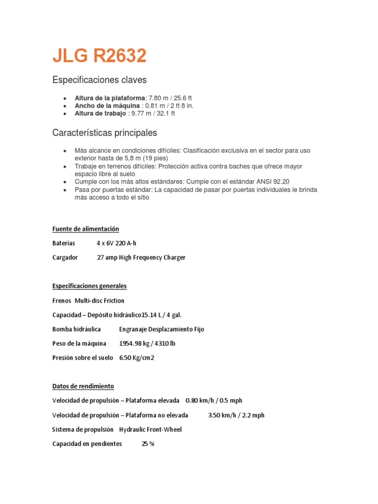 Especificaciones de la JLG R2632 | PDF | Tecnología