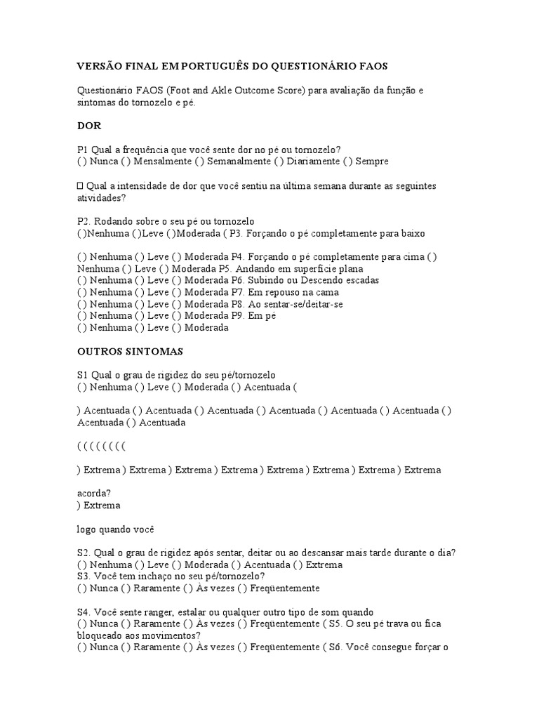 Questionário FAOS (Foot and Akle Outcome Score) | PDF | Papelaria