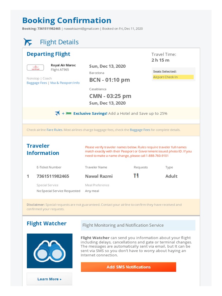 Booking Confirmation: Flight Details | PDF | Service Industries