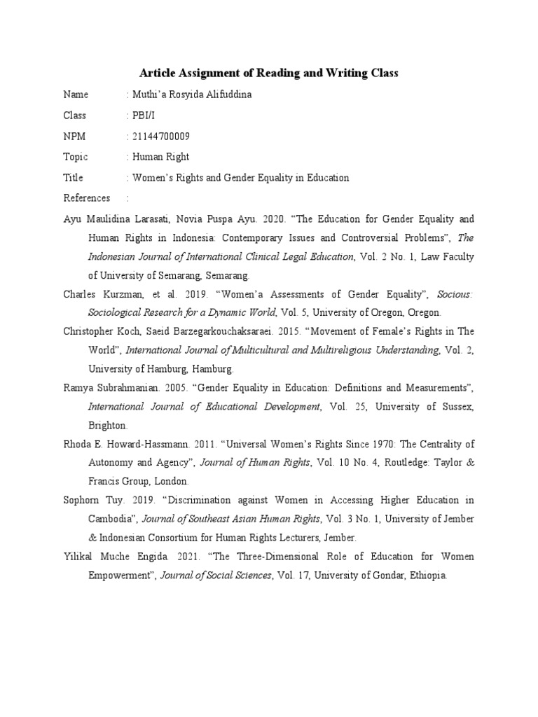 Article Assignment of Reading and Writing Class | PDF | Woman | Gender ...