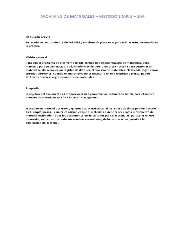 Método sencillo para archivar y eliminar registros maestros de materiales en SAP | PDF ...