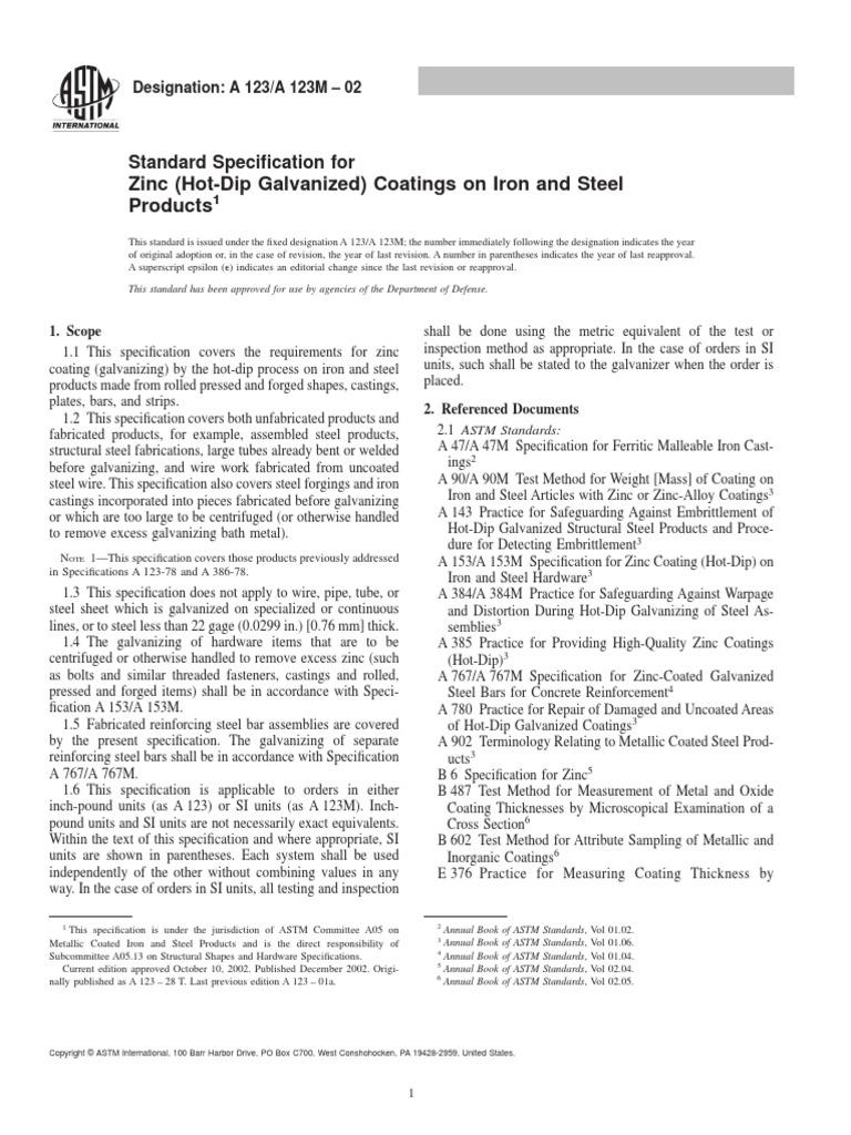 ASTM A123 Galv. DFT Requirement | PDF