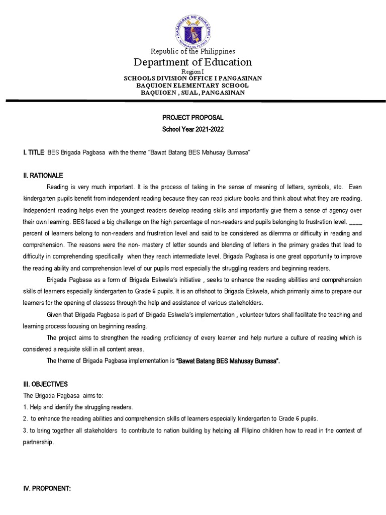 Brigada Sa Pagbasa (Roject Proposal | PDF | Reading Comprehension ...