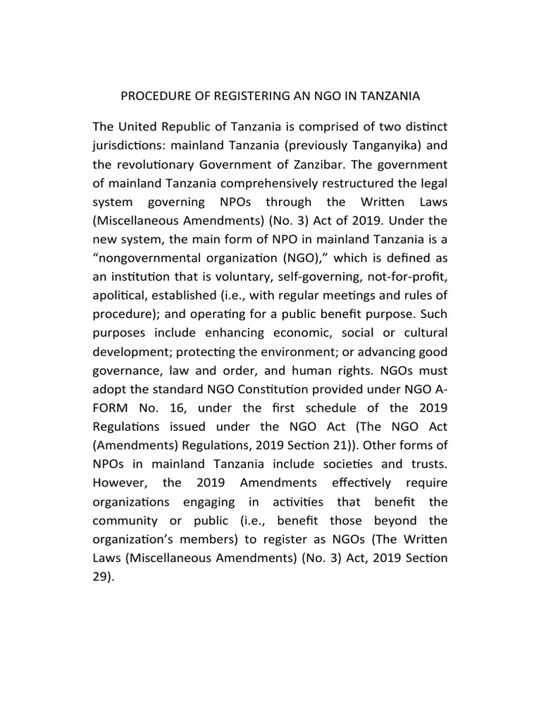 NGO Registration Process & Cost For Tanzania | PDF | Non Governmental ...