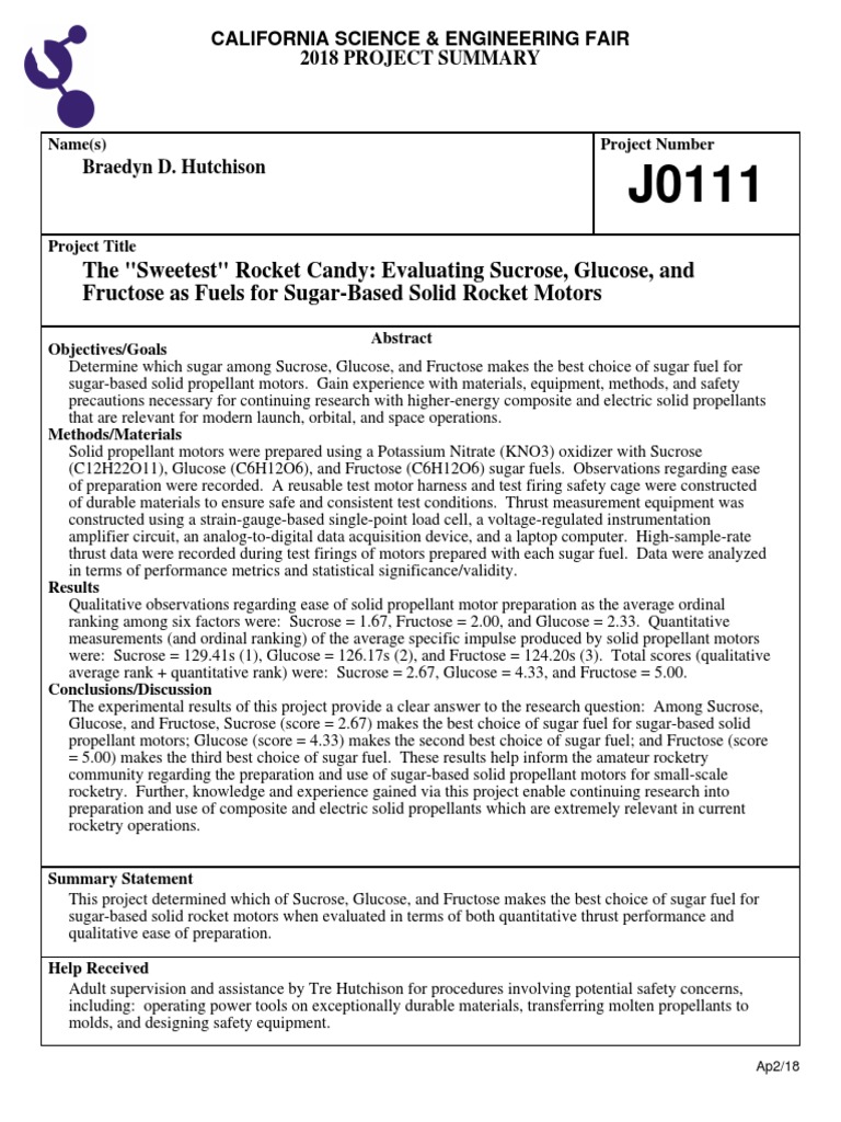 The "Sweetest" Rocket Candy: Evaluating Sucrose, Glucose, and Fructose ...