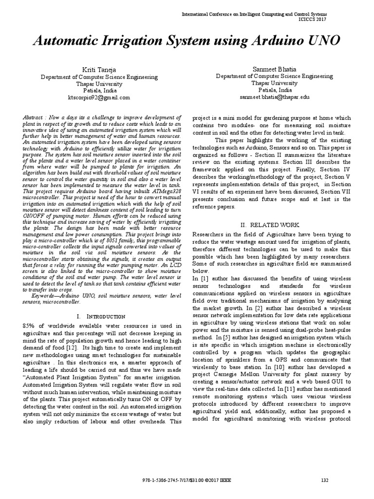 Automatic Irrigation System Using Arduino UNO: Kriti Taneja Sanmeet ...