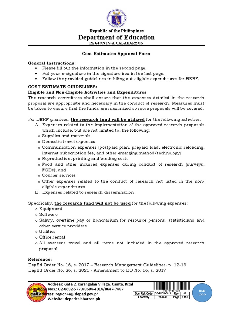 Cost Estimates Approval Form | PDF