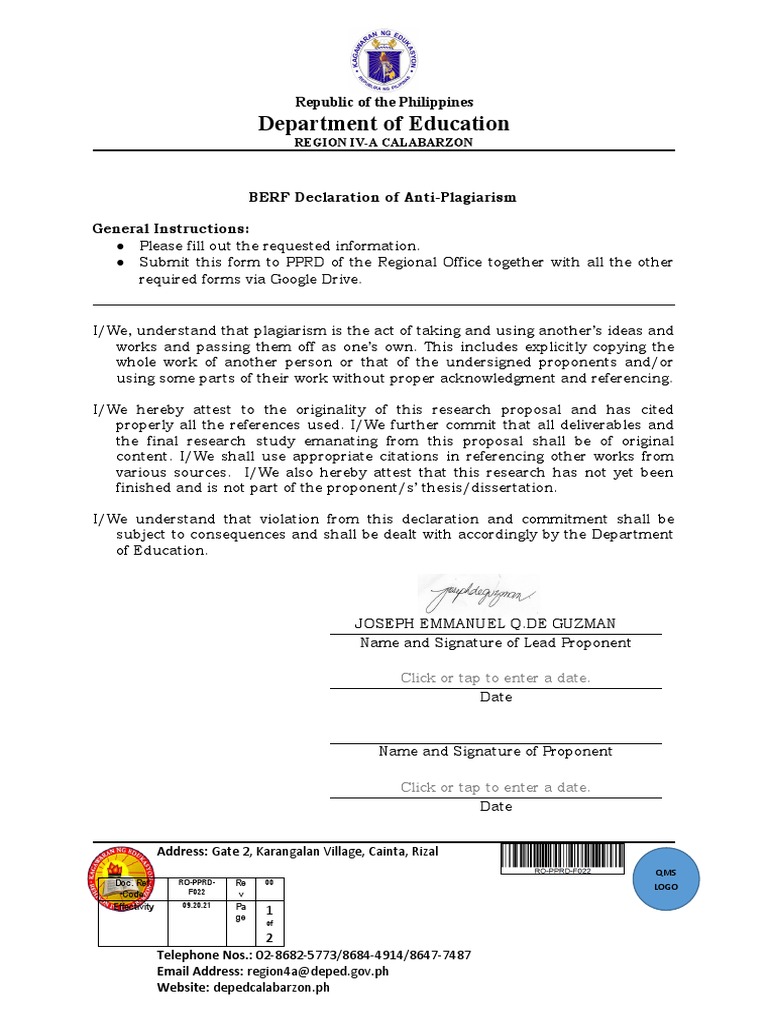 BERF Declaration of Anti-Plagiarism | PDF | Intellectual Works ...