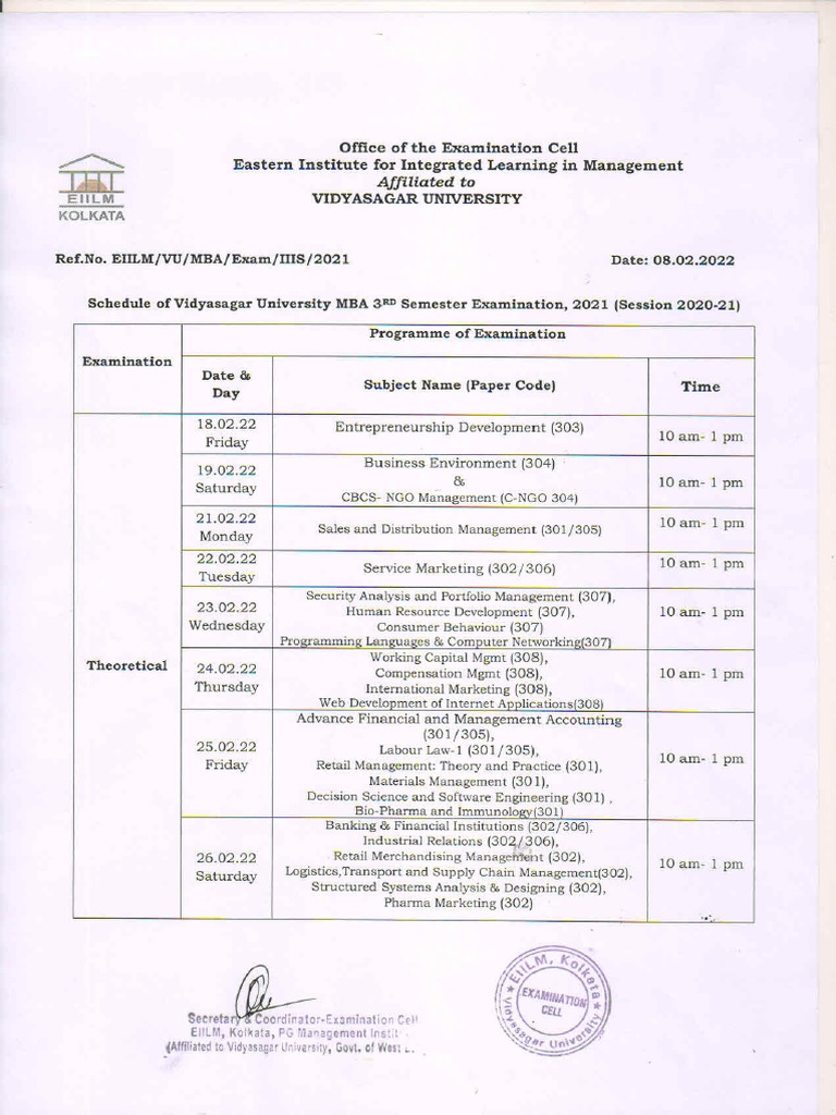 MBA 3rd Sem Exam Schedule 2021 | PDF