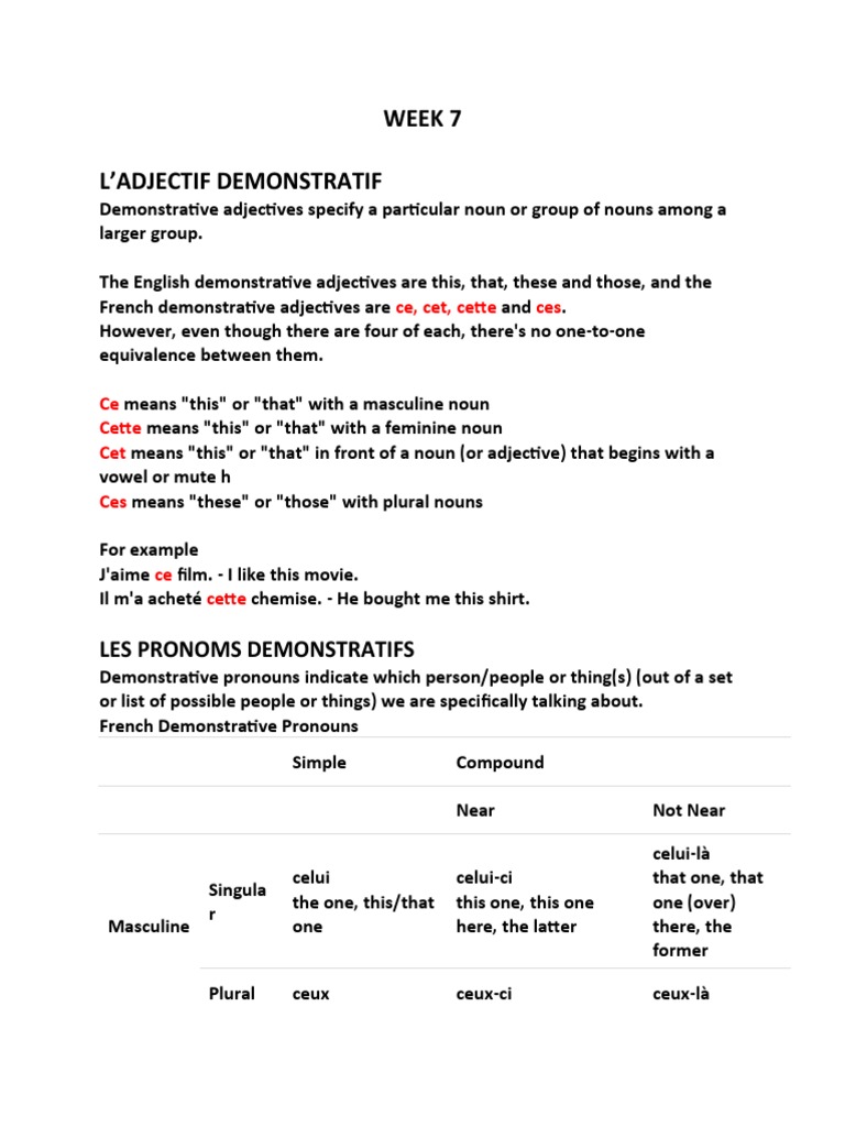 Week 7 - French demonstrative adjectives and pronouns | PDF ...