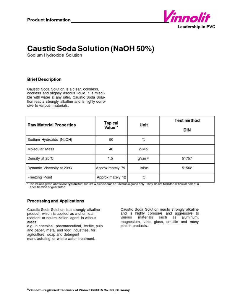 Caustic Soda Solution (Naoh 50%) | PDF | Sodium Hydroxide | Chemical ...