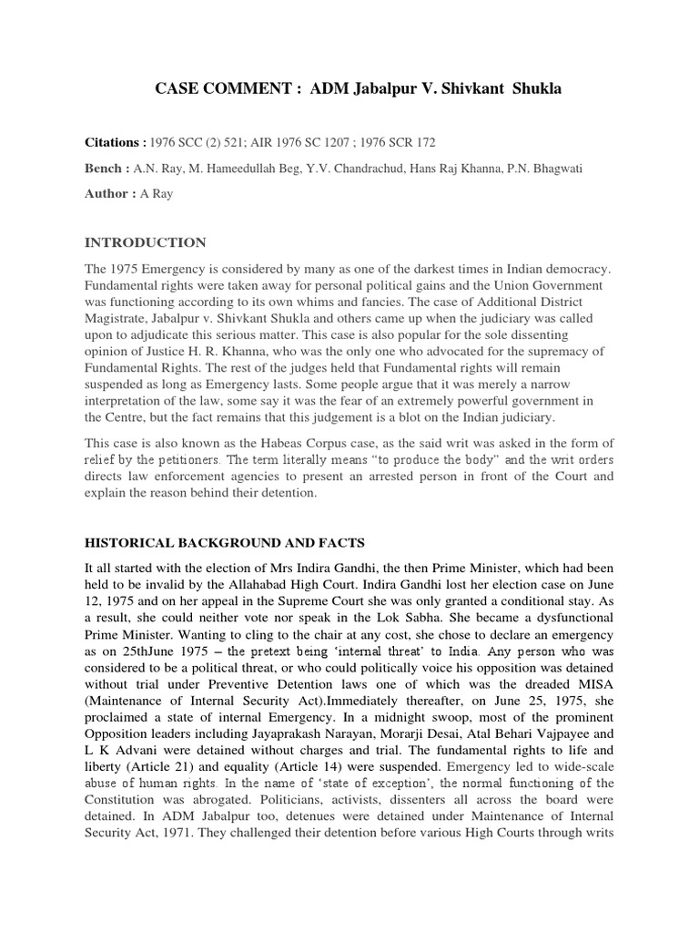 CASE COMMENT: ADM Jabalpur V. Shivkant Shukla: Citations | PDF ...