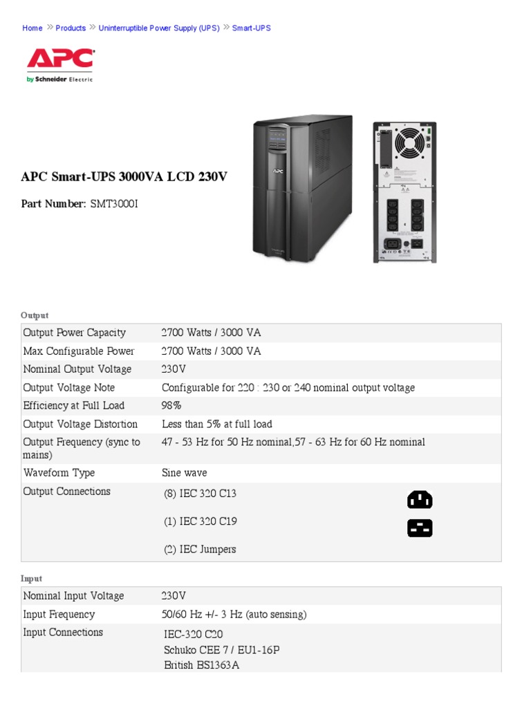 APC Smart-UPS 3000VA LCD 230V: Part Number: SMT3000I | PDF | Mains ...
