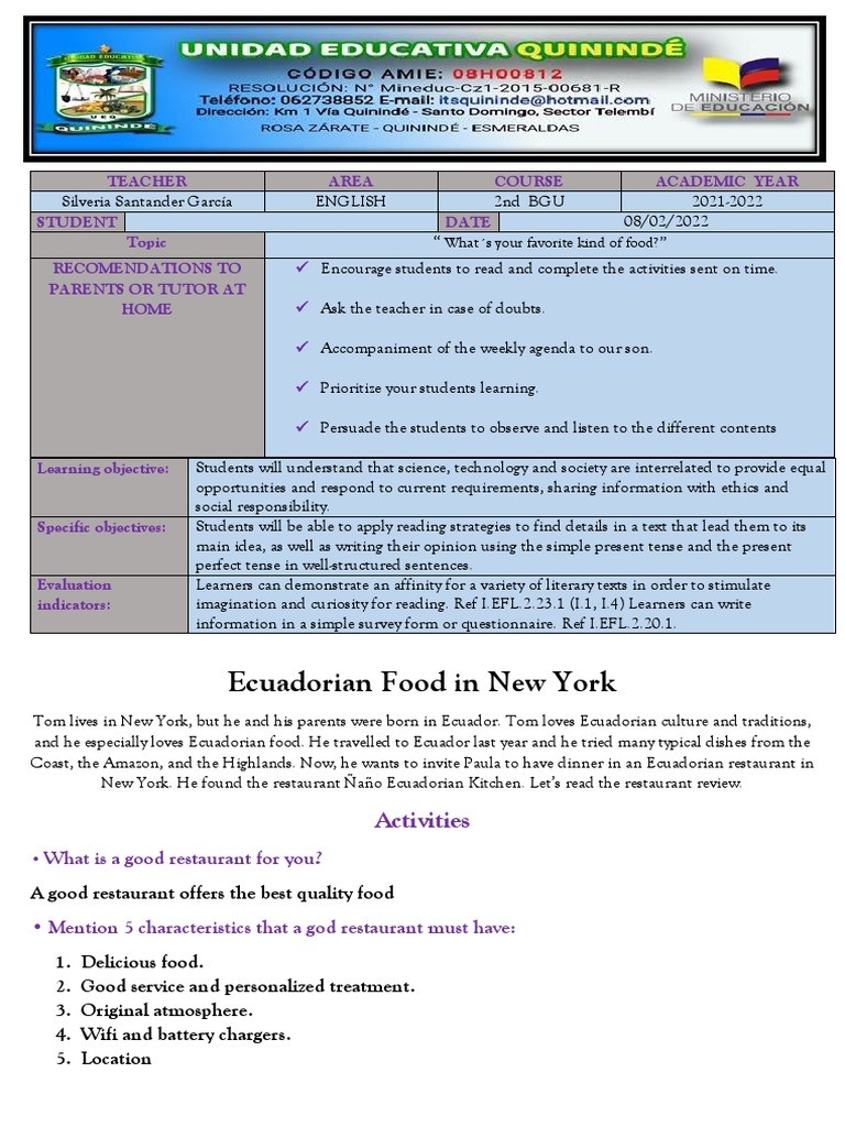 Ecuadorian Food in New York: Activities | Download Free PDF ...