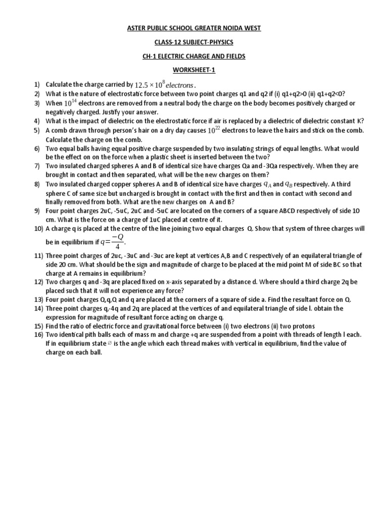 Electrostatic Worksheet-1 | PDF | Electrostatics | Electric Charge
