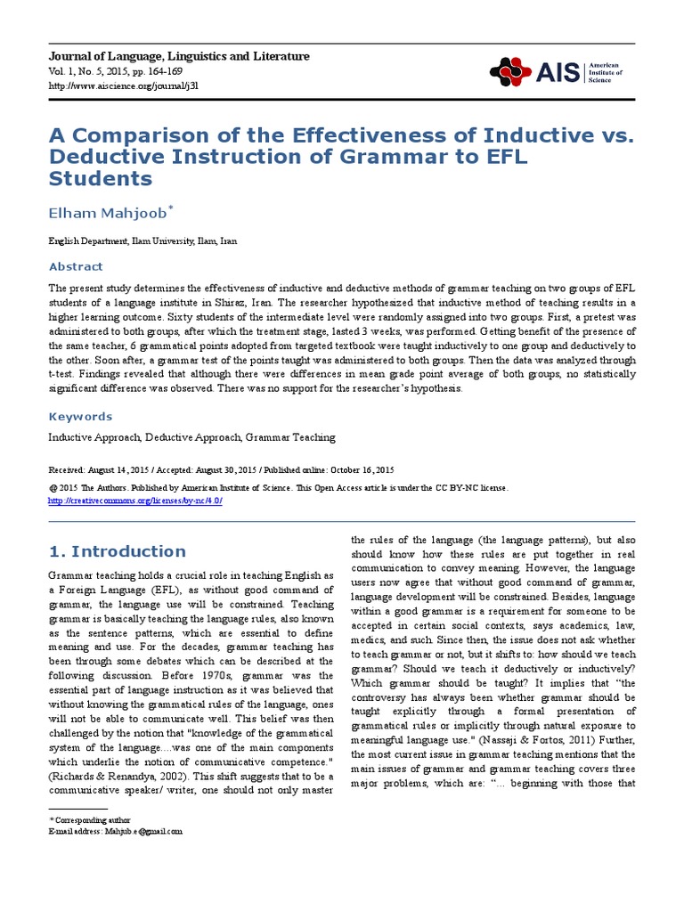 A Comparison Of The Effectiveness Of Inductive Vs Deductive