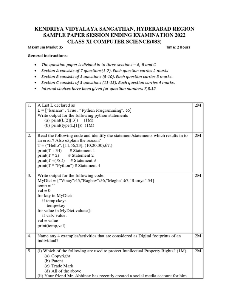 XI CS Sample Paper | PDF | Malware | Computing