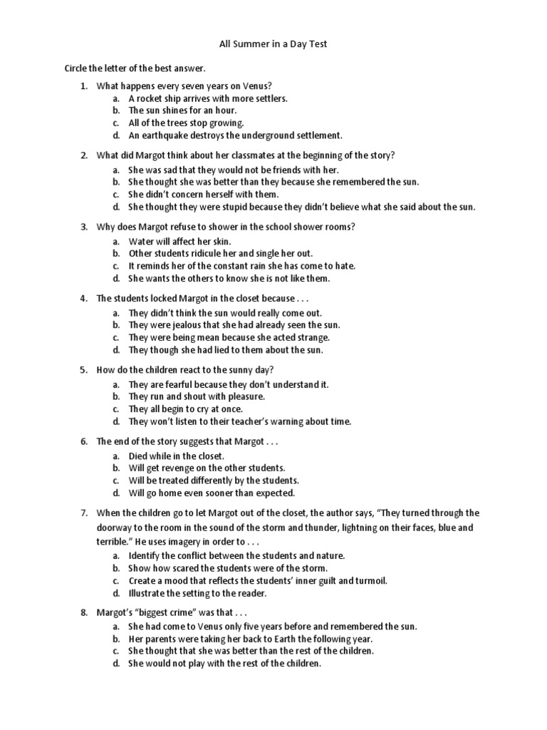 All Summer in a Day Quiz and Activities | PDF