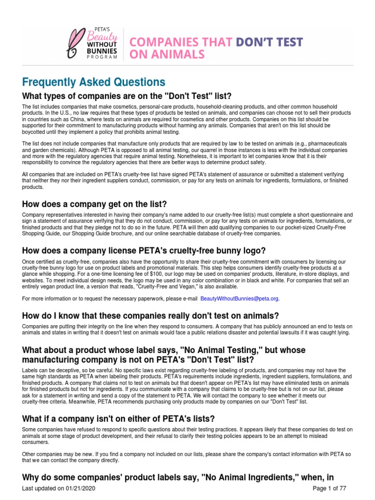 PETA's List Don't Test On Animals | PDF | People For The Ethical ...