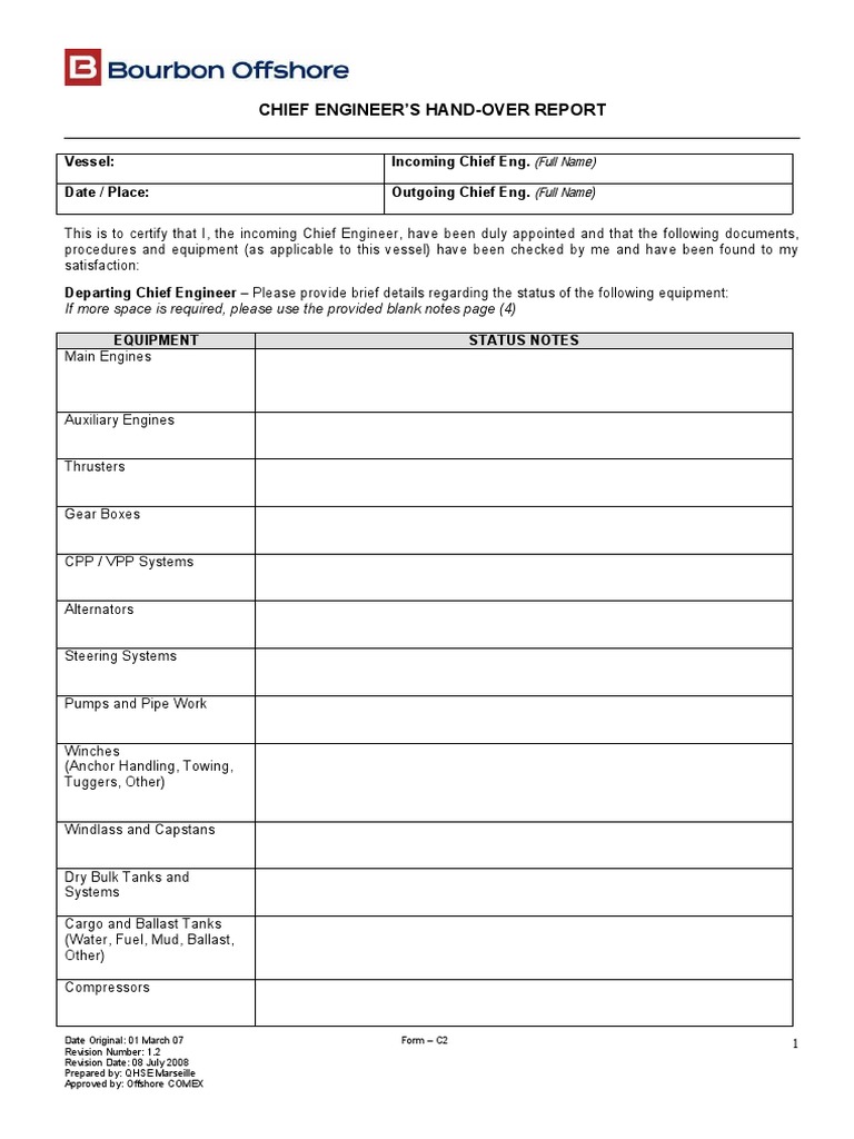 Chief Engineer Handover Summary | PDF | Marine Propulsion ...