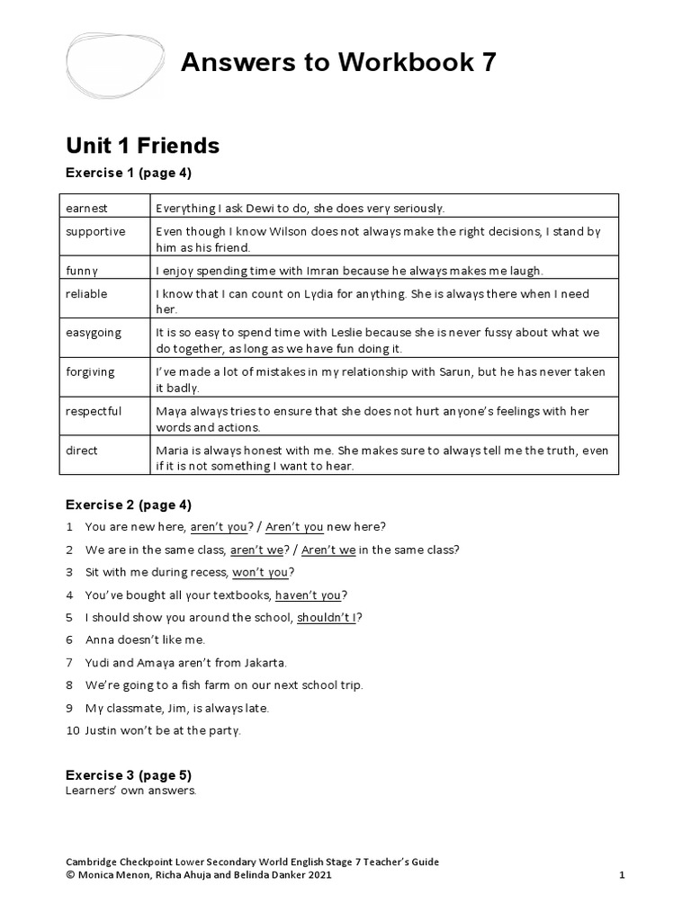 Answers To Workbook 7: Unit 1 Friends | PDF | Sports | Social Media