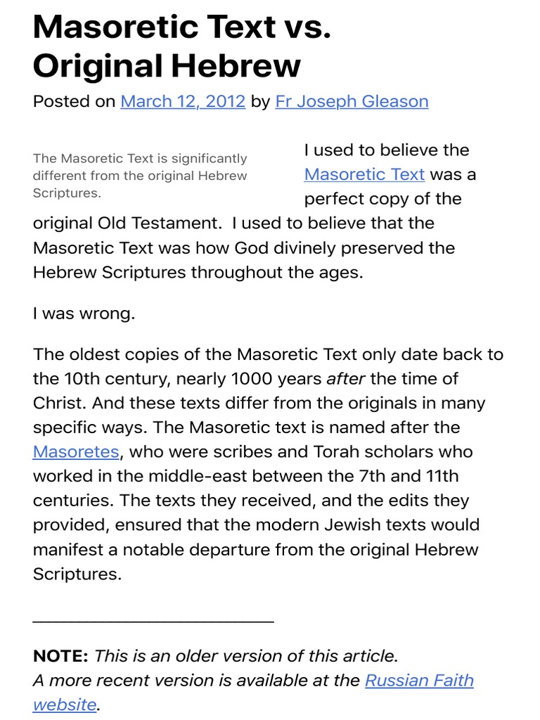 Masoretic Text vs. Original Hebrew - The Orthodox Life | PDF | Biblical ...