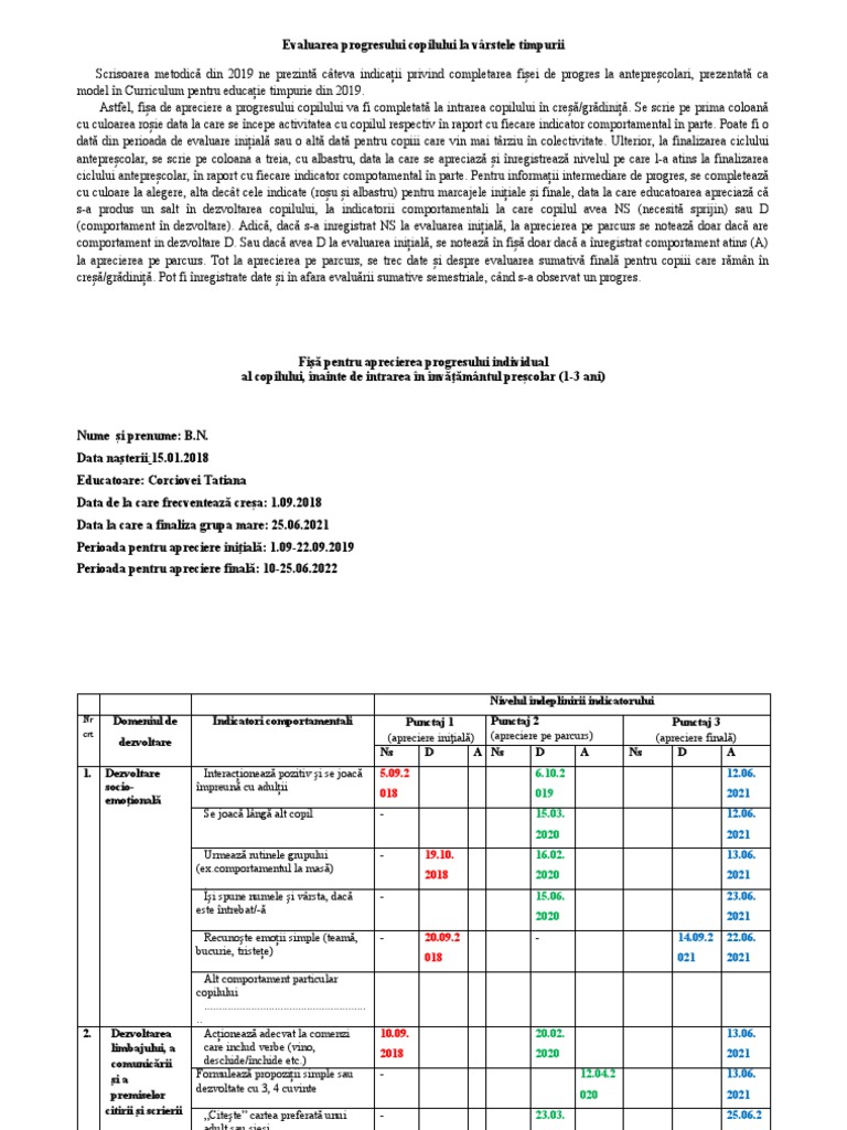 Fisa de Progres Individual 1 3 Ani | PDF