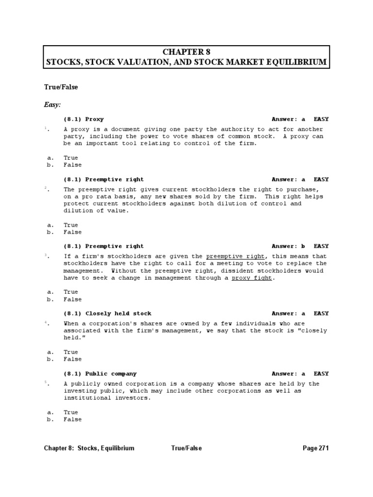 True/False Questions and Multiple Choice Conceptual Questions on Stocks ...