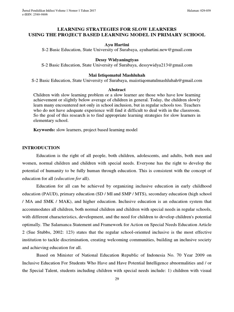 Learning Strategies For Slow Learners Using The Project Based Learning Model in Primary School ...