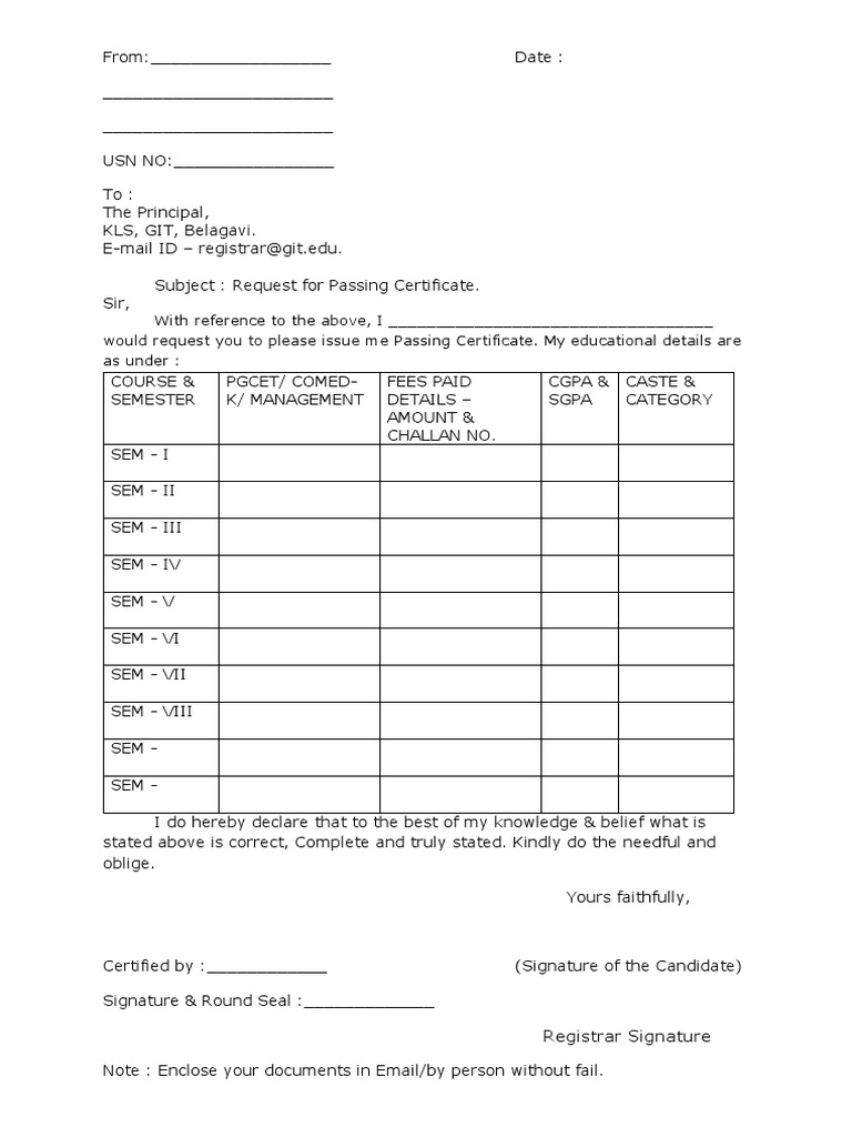 Application For Passing Certificate | PDF