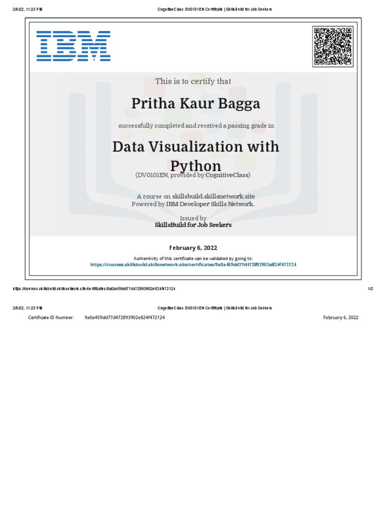 Pritha Kaur Bagga Data Visualization With Python: This Is To Certify That | PDF