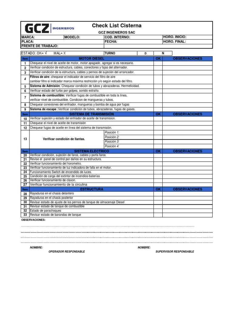 Check List Cisterna | PDF | Tanques | Coche
