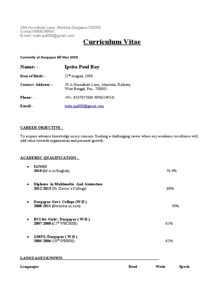 Curriculum Vitae: Name: - Ipsita Paul Roy | PDF | Cognition