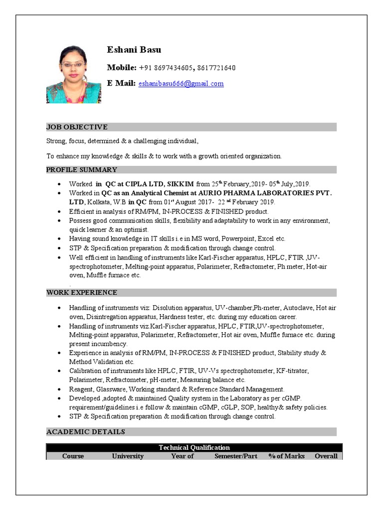 Eshani Basu: Mobile: +, E Mail | PDF | Pharmacy