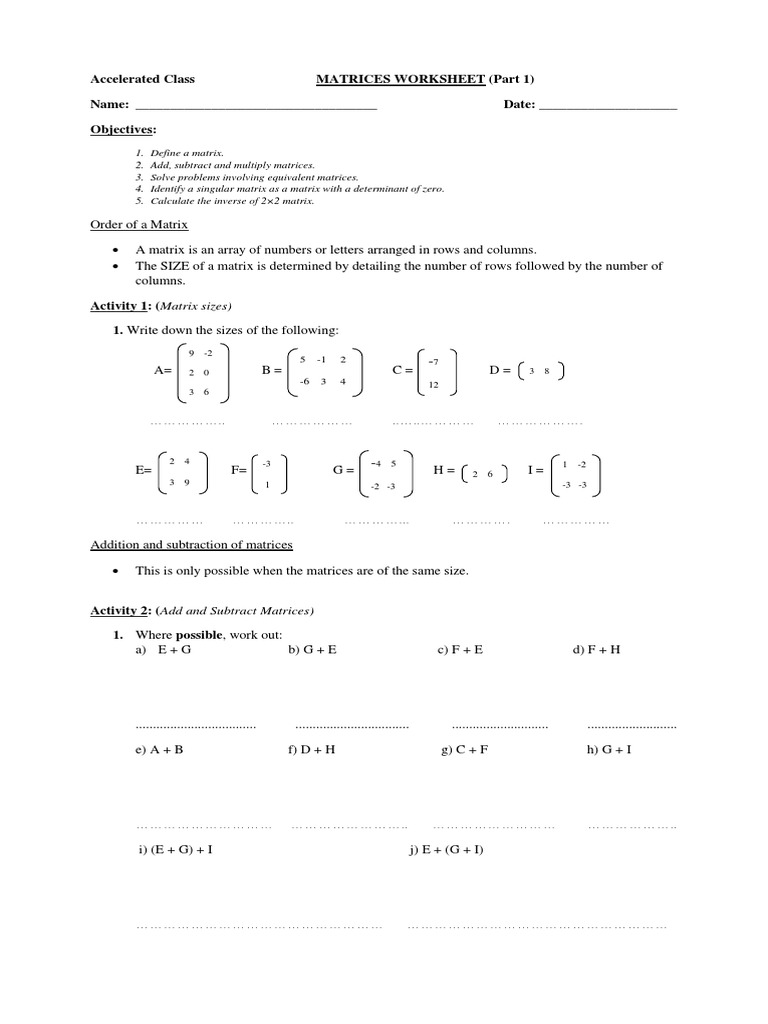 Worksheet 1 - Matrices | PDF | Matrix (Mathematics) | Determinant